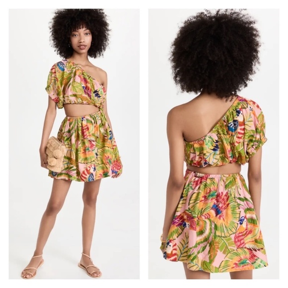 FARM Rio | Dresses | Farm Rio Mini Dress Macaw Leaves One Shoulder ...